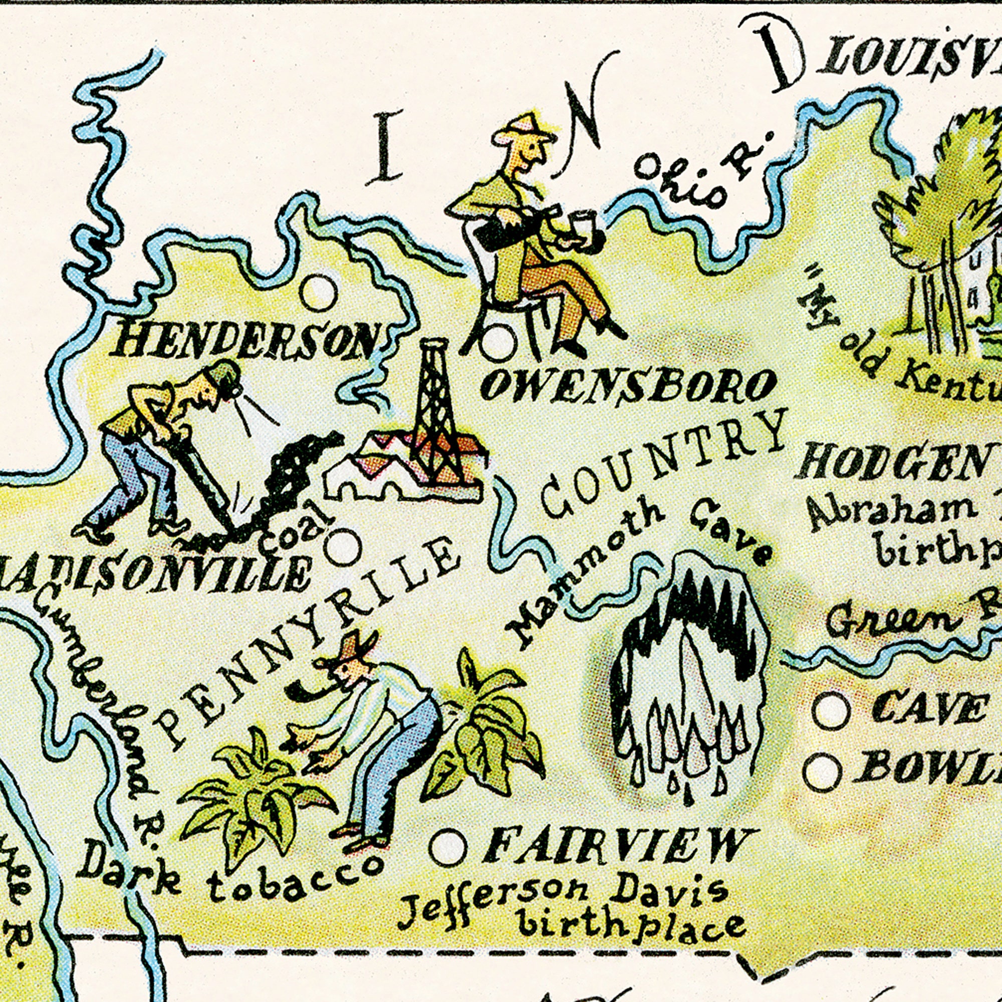 Fun State Map of Kentucky Vintage Pictorial Whimsical Cartoon Print ...