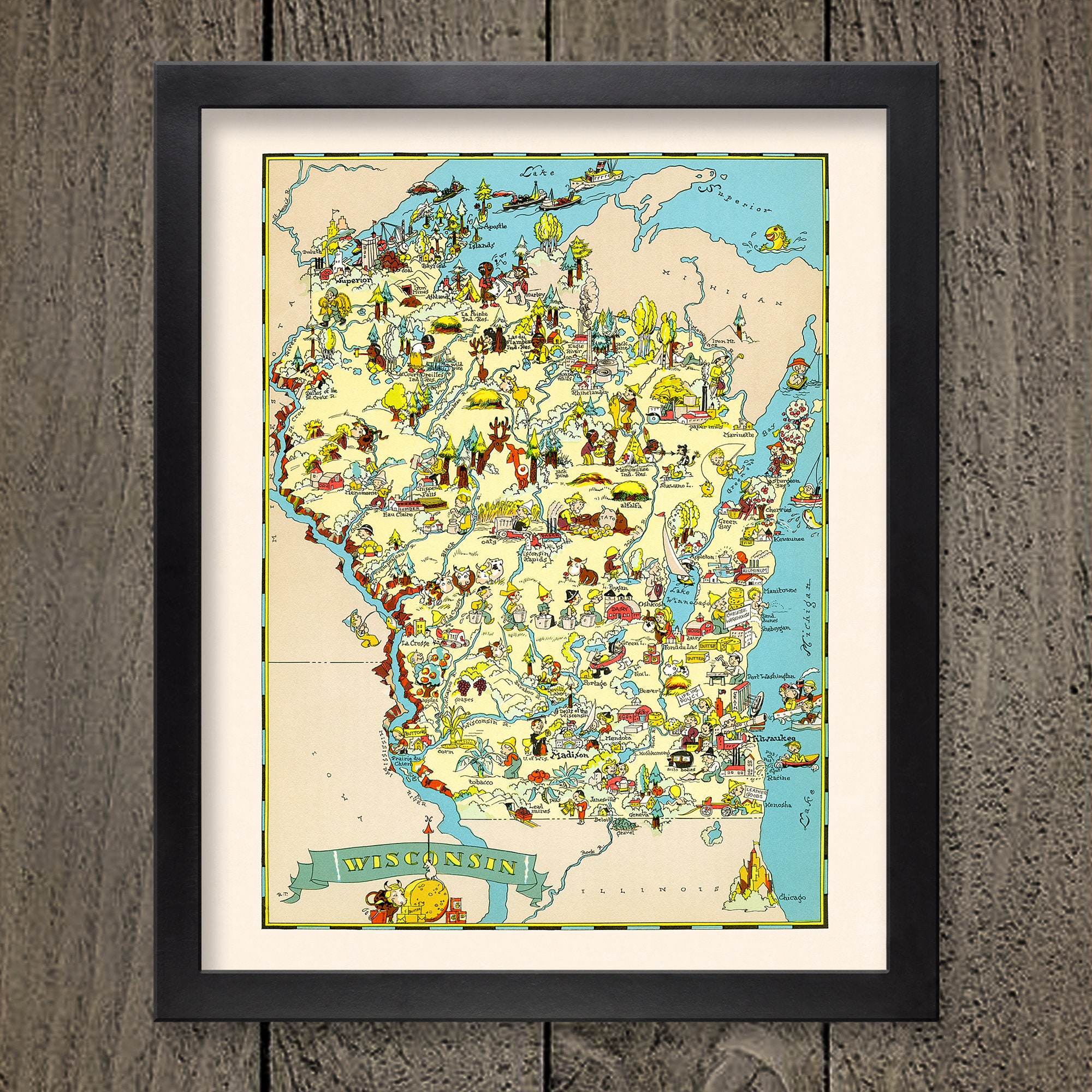 Fun State Map of Wisconsin – Vintage Pictorial Whimsical Cartoon Print ...