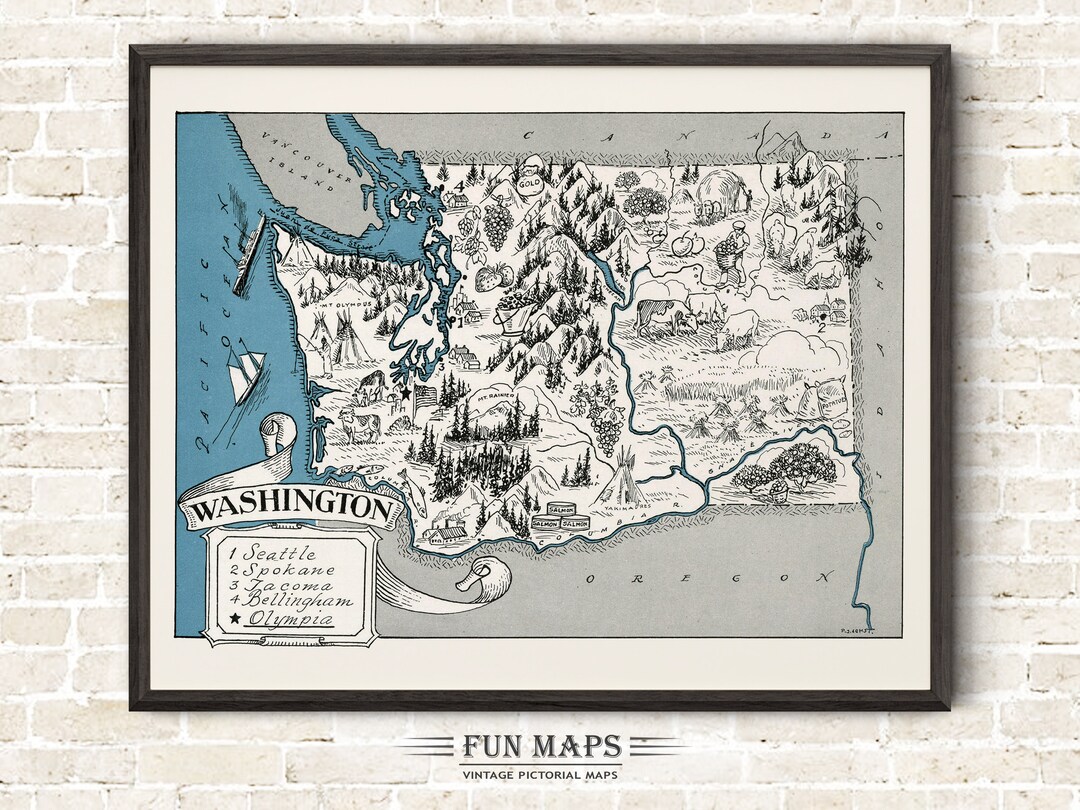 Fun Map of Washington – Vintage Pictorial Whimsical Cartoon Print ...