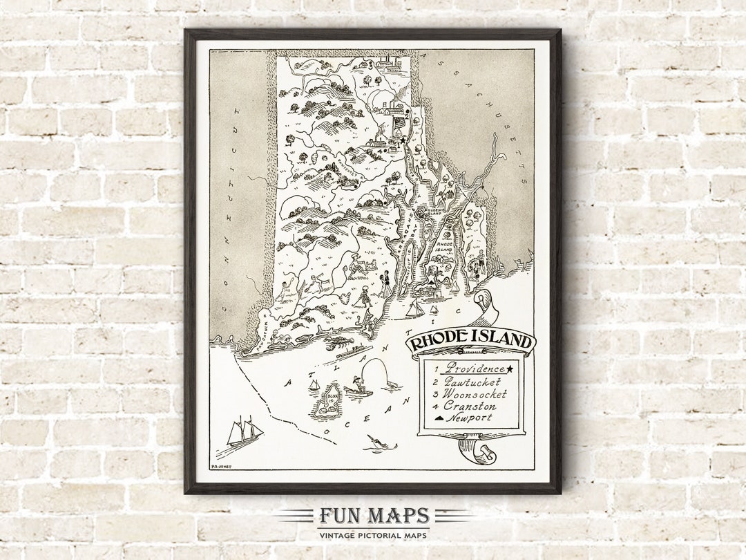 Vintage State Map of Rhode Island – Fun Pictorial Whimsical Cartoon ...