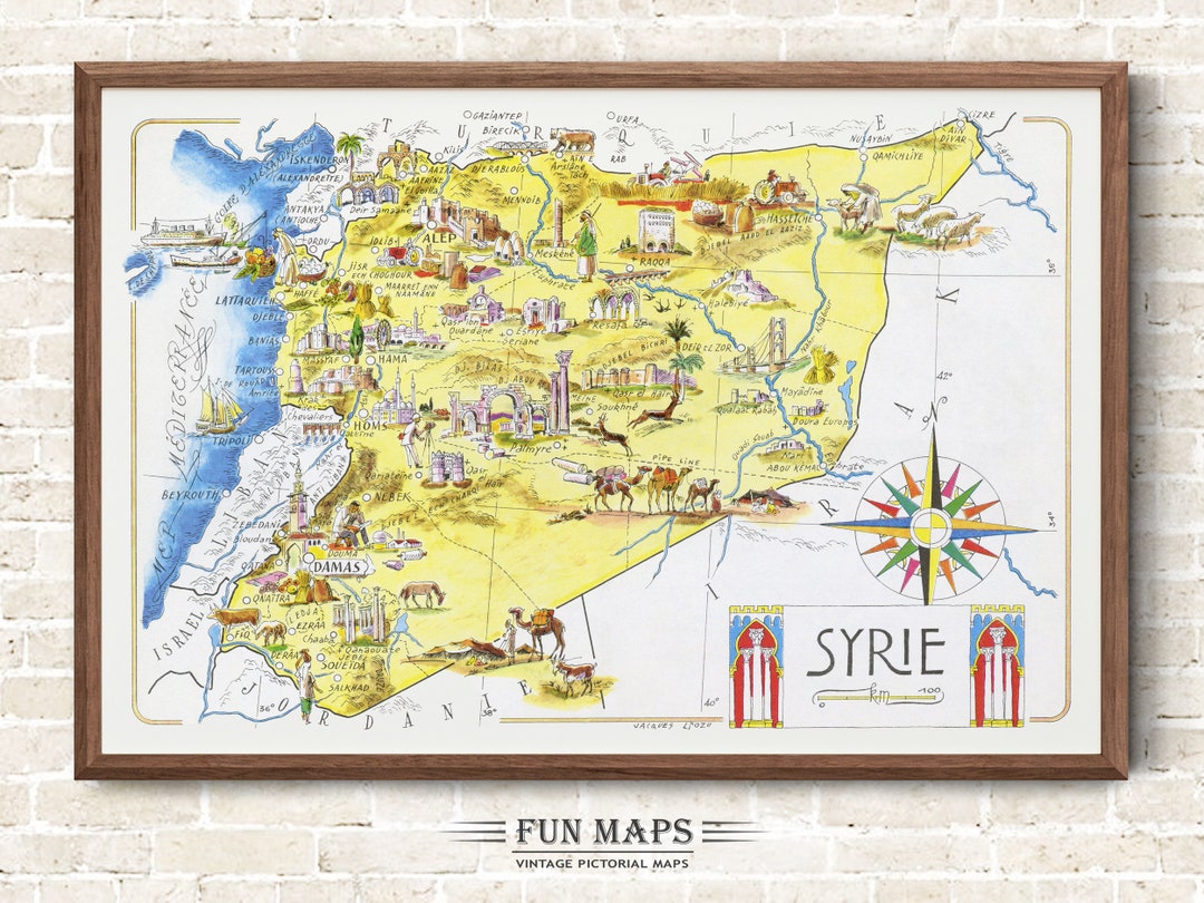 Old Map of Syria in the Middle East, Vintage Pictorial Cartoon Print ...