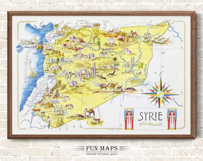 Old Map of Syria in the Middle East, Vintage 1940s Pictorial Cartoon ...