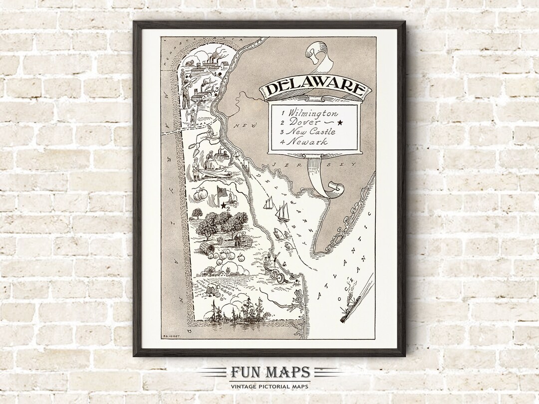 Vintage State Map of Delaware – Fun Pictorial Whimsical Cartoon Print ...