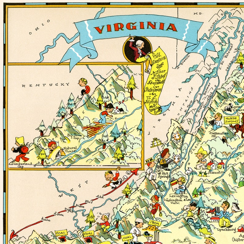 Fun State Map of Virginia – Vintage Pictorial Whimsical Cartoon Print ...
