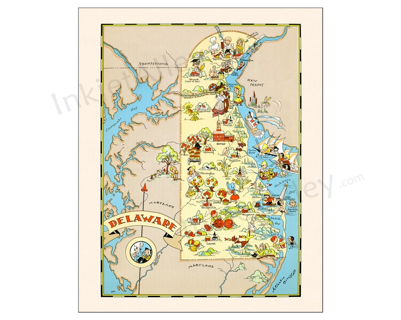 Fun State Map of Delaware – Vintage Pictorial Whimsical Cartoon Print ...