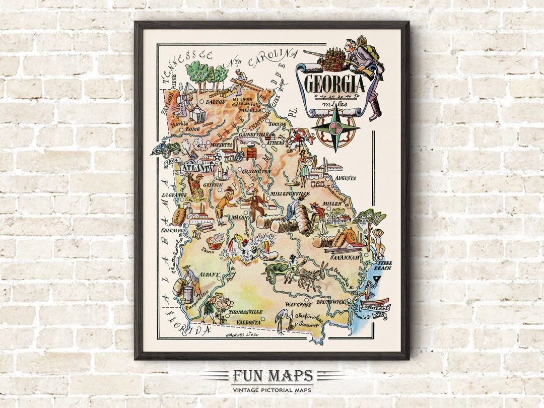 Fun State Map of Georgia – Vintage Pictorial Whimsical Cartoon Print ...