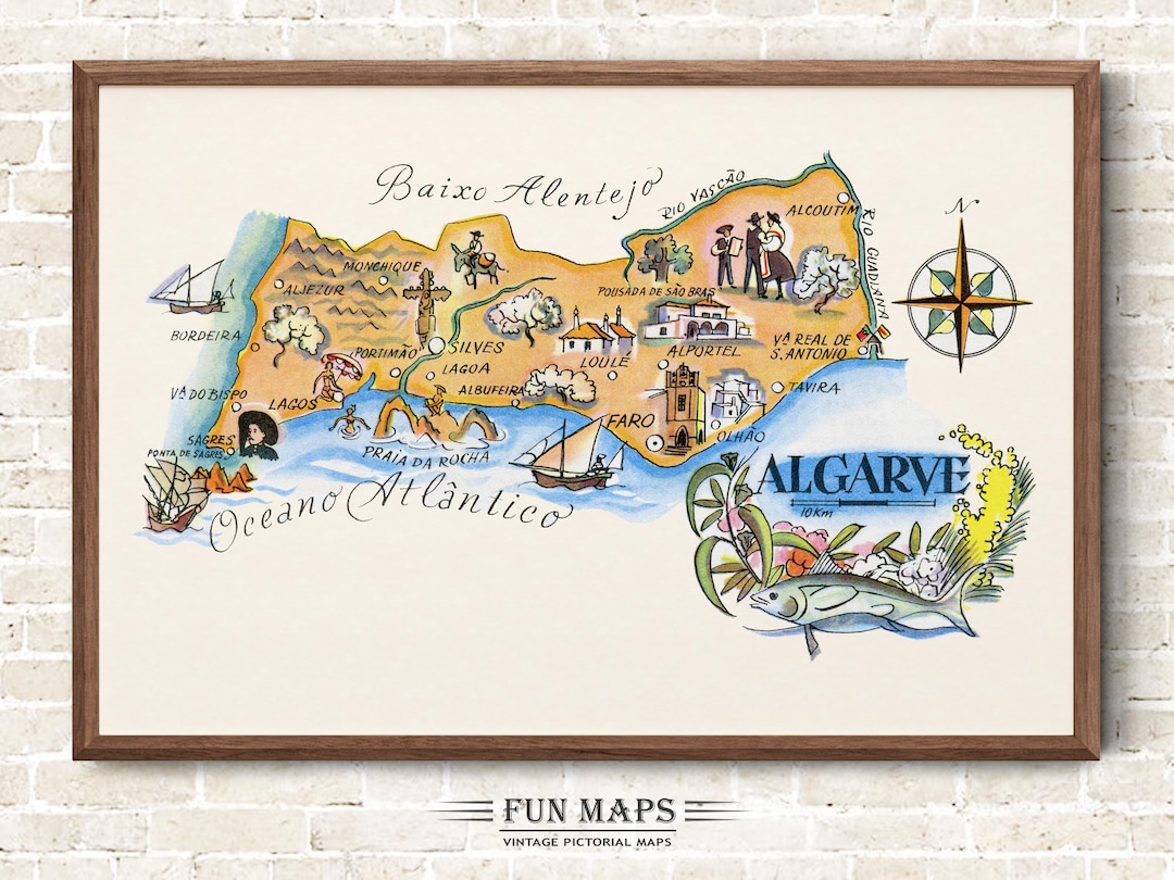 Fun Map of Algarve in Portugal Vintage Pictorial Whimsical Cartoon Old ...