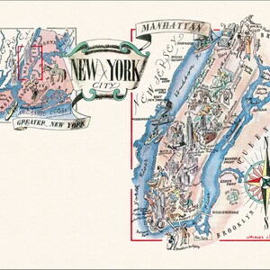 Fun Map of New York City NY- Vintage Pictorial Whimsical Cartoon Old ...