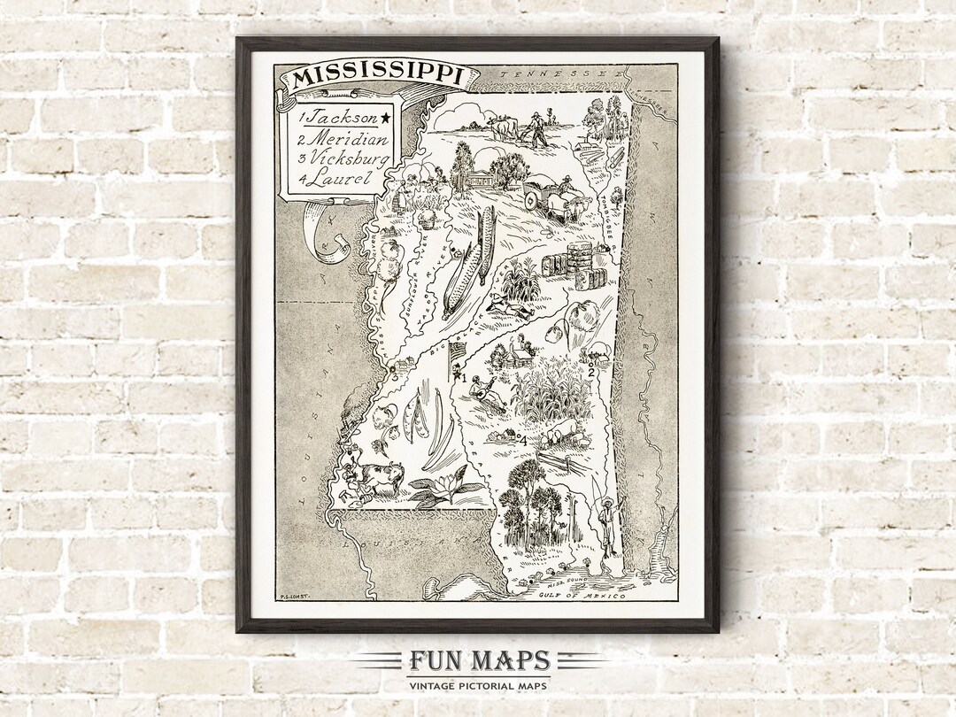 Vintage State Map of Mississippi – Fun Pictorial Whimsical Cartoon ...