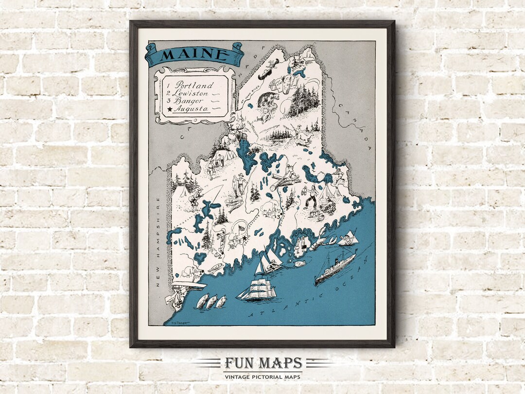Fun Map of Maine – Vintage Pictorial Whimsical Cartoon Print ...