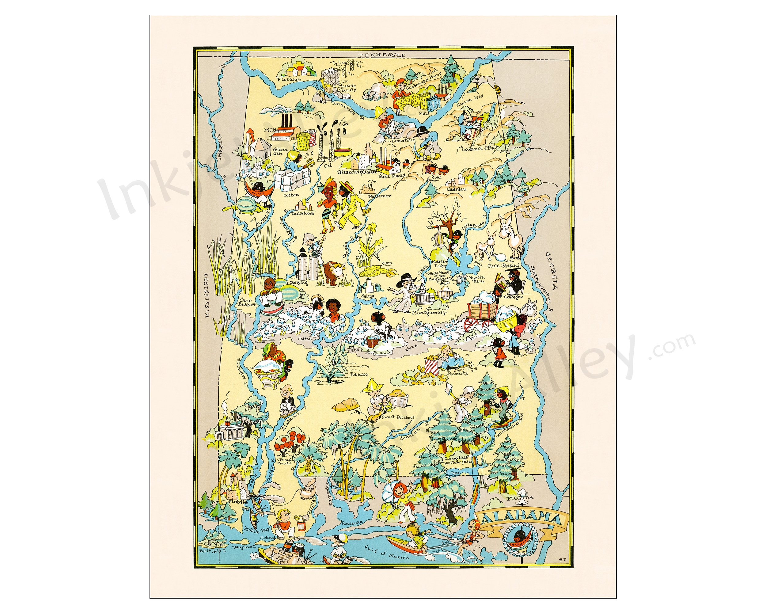 Fun State Map of Alabama Vintage Pictorial Whimsical Cartoon Print ...