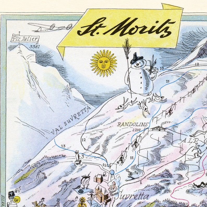 Fun Ski Run Trail Map of St Moritz in the Swiss Alps - Etsy