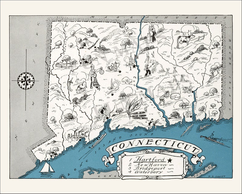 Fun Map of Connecticut – Vintage Pictorial Whimsical Cartoon Print ...