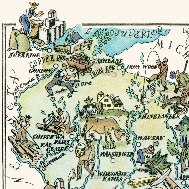 Fun State Map of Wisconsin – Vintage Pictorial Whimsical Cartoon Print ...