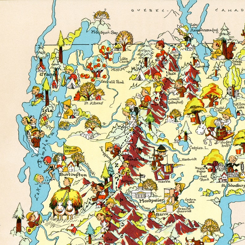 Fun State Map of Vermont Vintage Pictorial Cartoon Print - Etsy