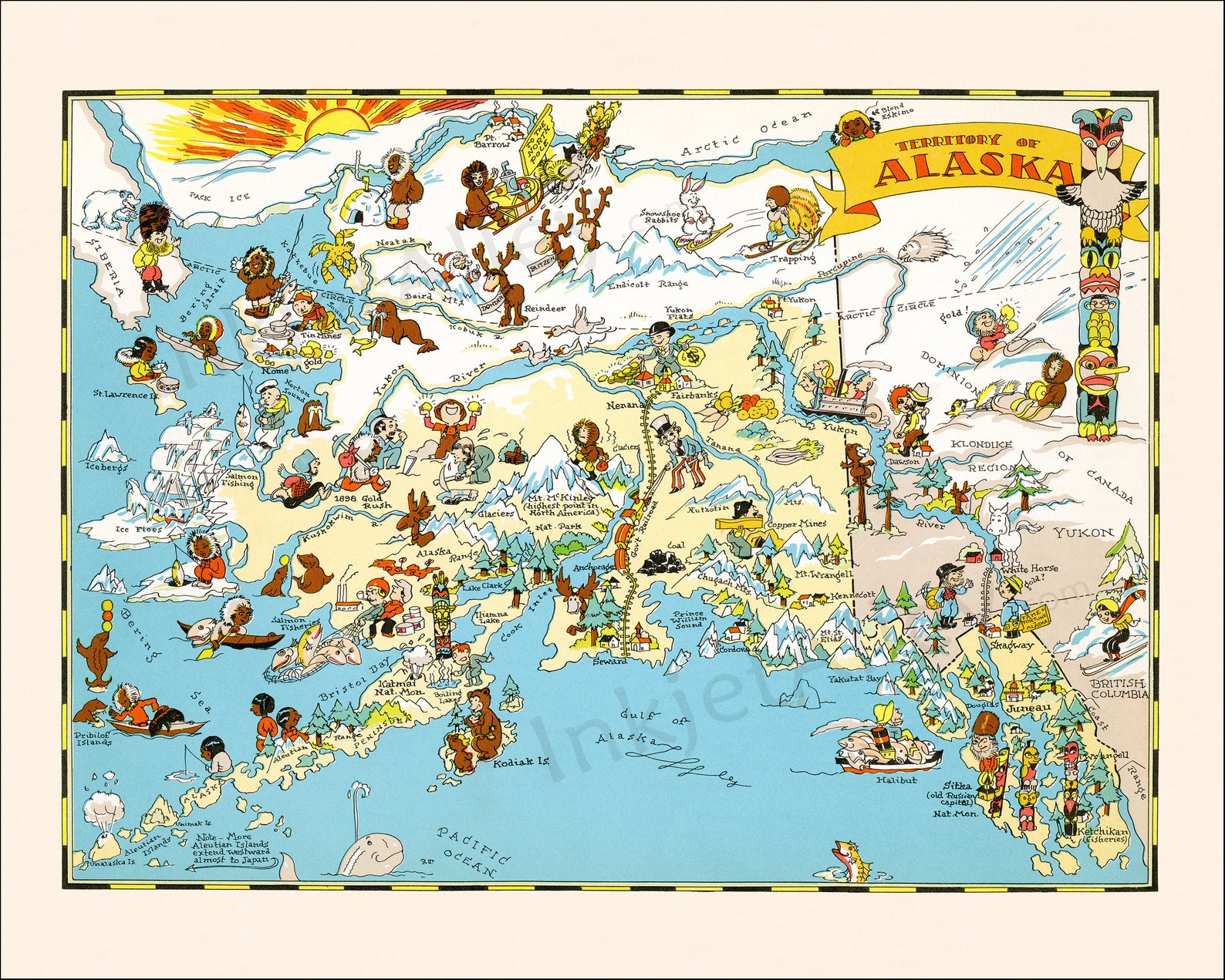 Fun State Map of Alaska Vintage Pictorial Whimsical Cartoon Print ...
