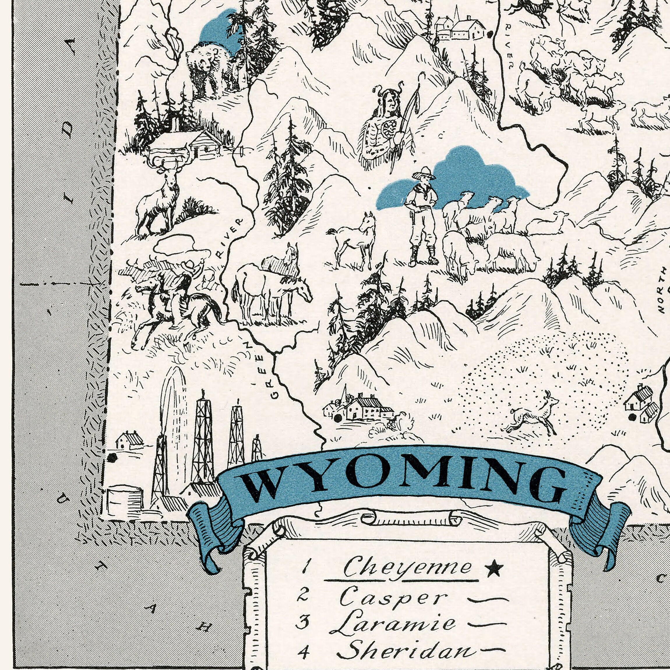 Fun Map of Wyoming Vintage Pictorial Whimsical Cartoon Print ...