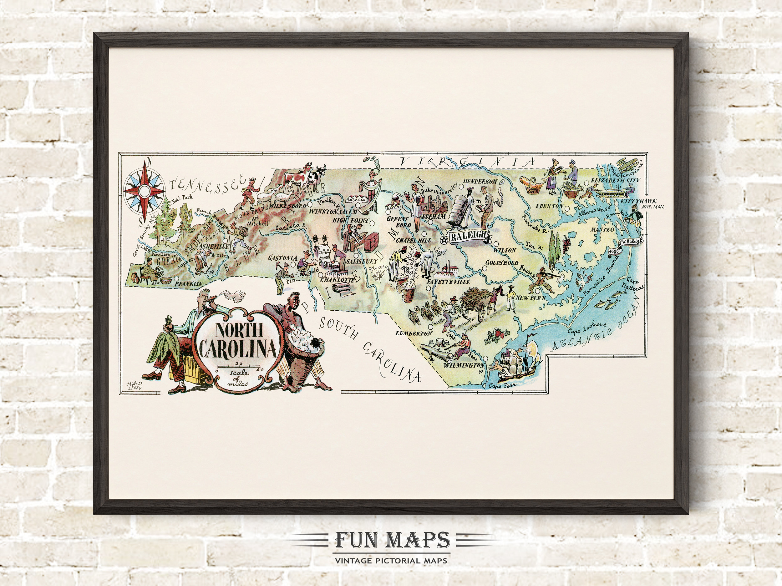 Fun State Map of North Carolina – Vintage Pictorial Whimsical Cartoon ...