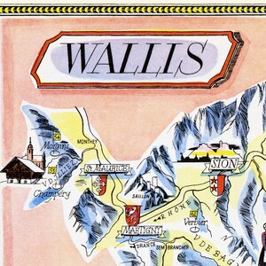 Fun Ski Run Trail Map of Wallis in the Swiss Alps, Switzerland, Vintage ...