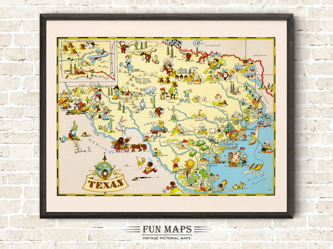 Fun State Map of Texas – Vintage Pictorial Whimsical Cartoon Print ...