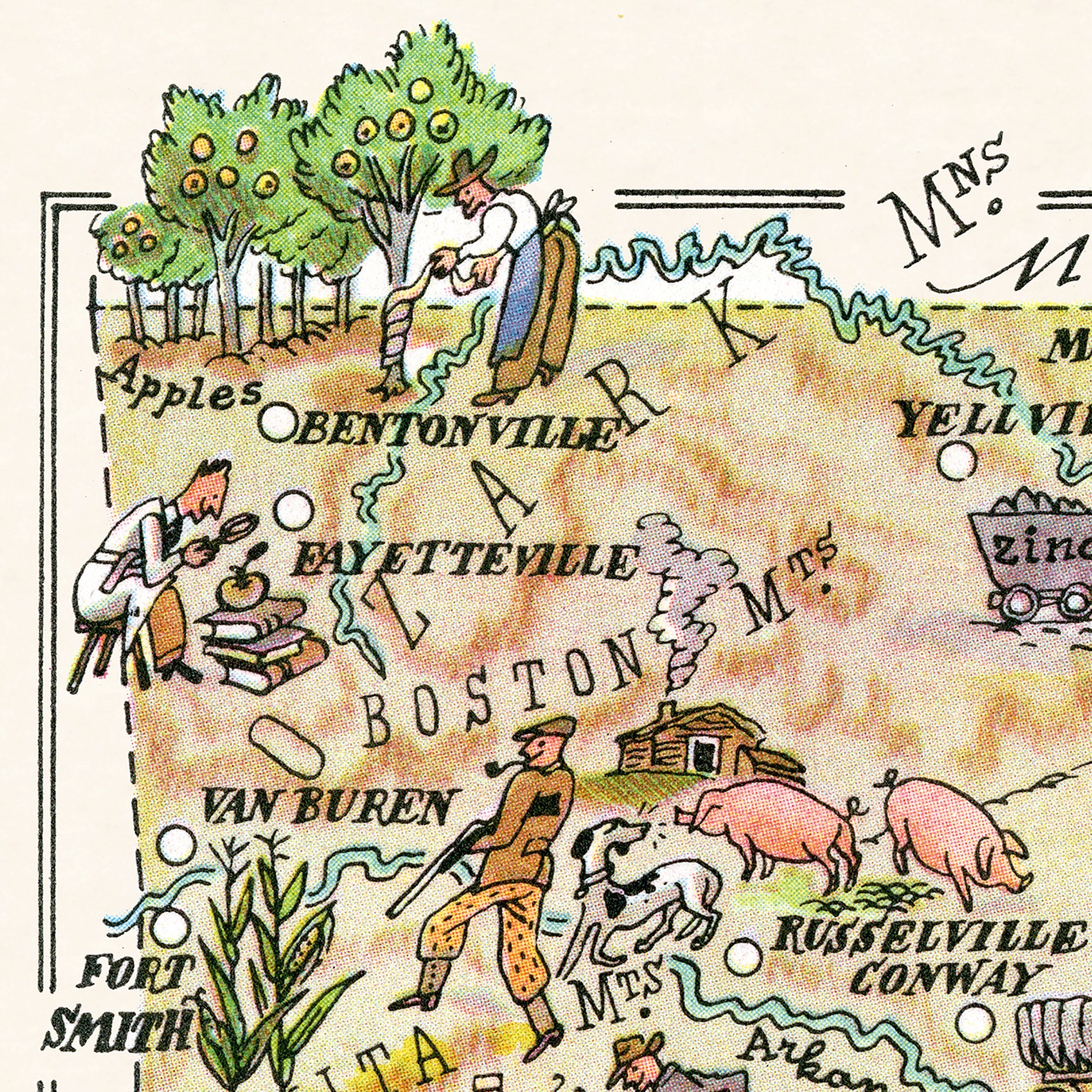 Fun State Map of Arkansas Vintage Pictorial Whimsical Cartoon Print ...