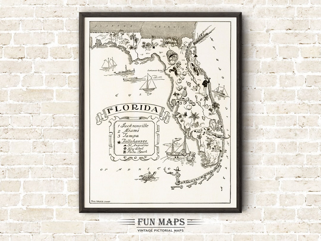Vintage State Map of Florida – Fun Pictorial Whimsical Cartoon Print ...