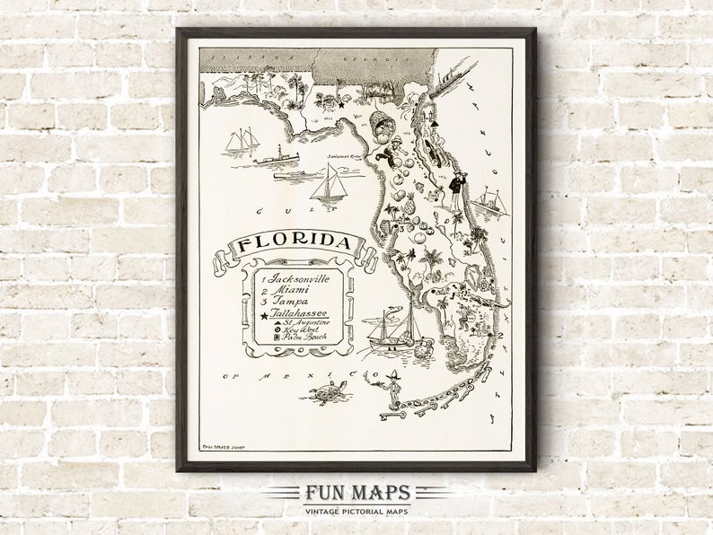 Vintage State Map of Florida Fun Pictorial Whimsical Cartoon - Etsy