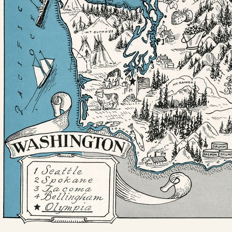 Fun Map of Washington Vintage Pictorial Whimsical Cartoon - Etsy