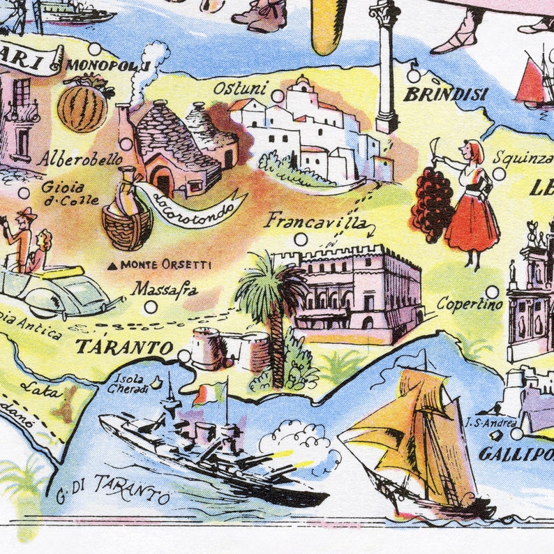 Fun Map of Puglia in Italy Vintage Pictorial Whimsical Cartoon Old ...