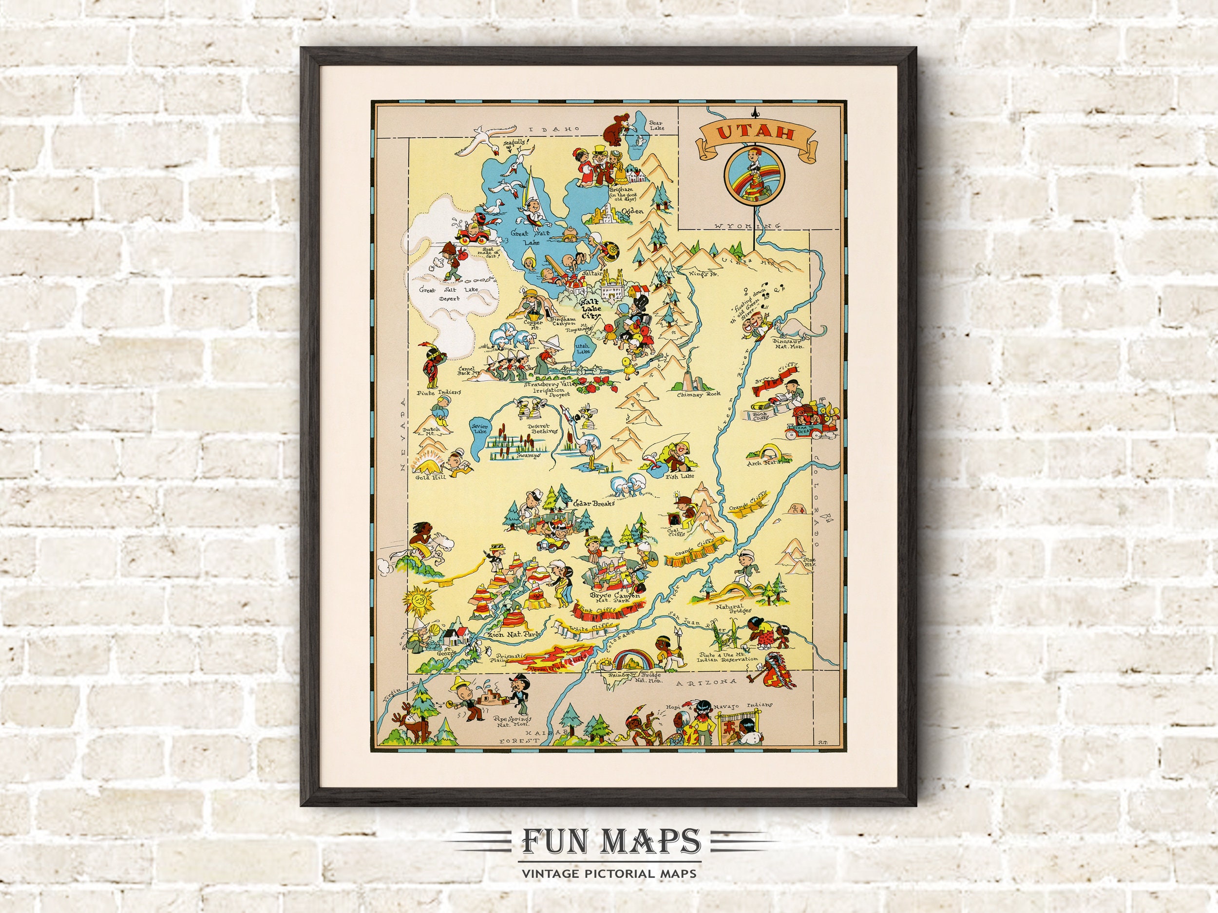 Fun State Map of Utah Vintage Pictorial Whimsical Cartoon Print ...