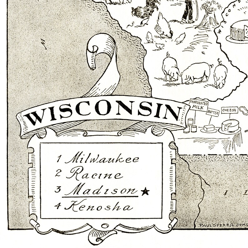 Vintage State Map of Wisconsin Fun Pictorial Whimsical Cartoon Print ...