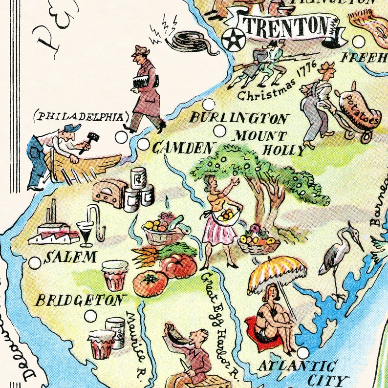 Fun State Map of New Jersey – Vintage Pictorial Whimsical Cartoon Print ...
