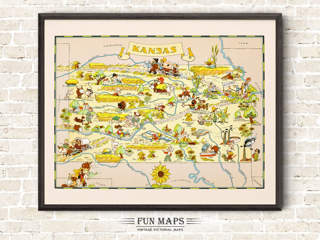 Fun State Map of Kansas – Vintage Pictorial Whimsical Cartoon Print ...