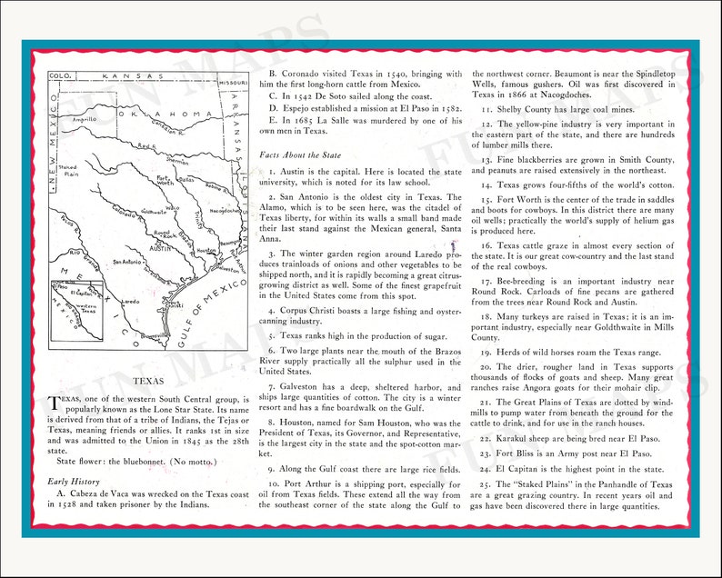 Vintage State Map of Texas Pictorial Whimsical Print Illustration From ...