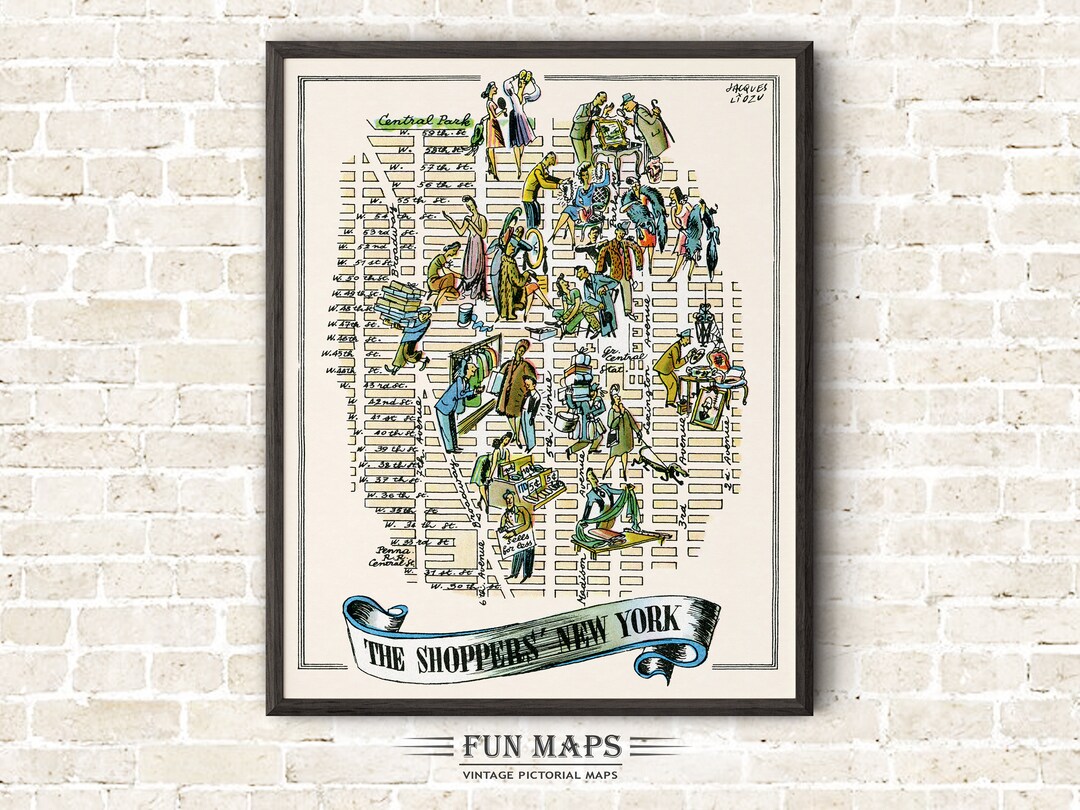 Fun Map of New York Shoppers - Vintage Pictorial Whimsical Cartoon Old ...