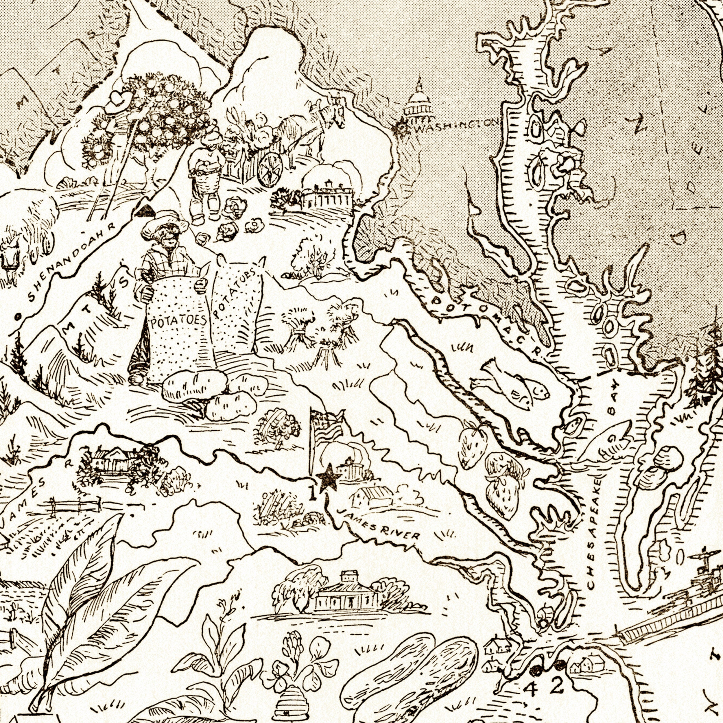 Vintage State Map of Virginia Fun Pictorial Whimsical Cartoon Print ...