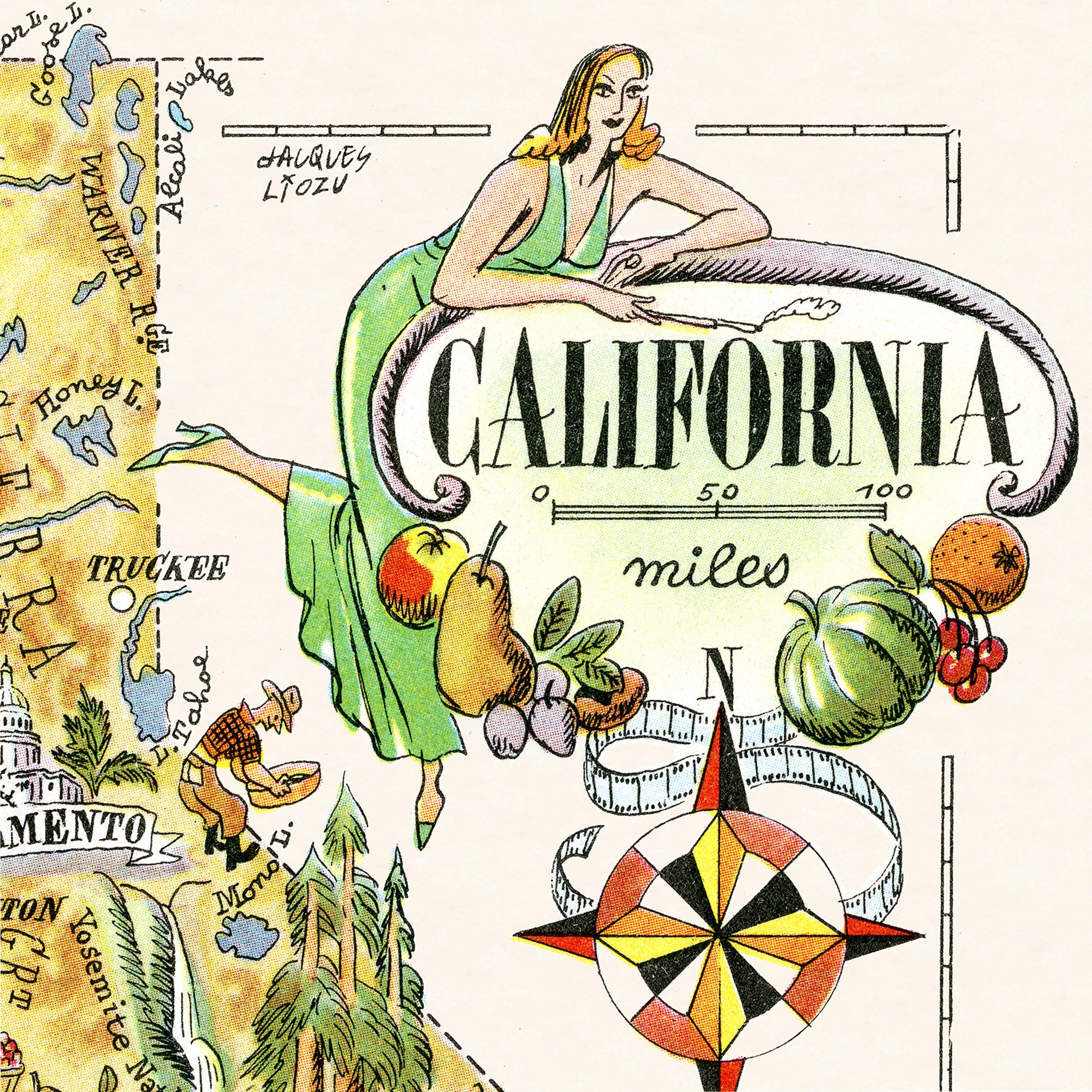 Fun State Map of California Vintage Pictorial Whimsical Cartoon Print ...