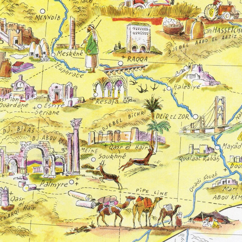 Old Map of Syria in the Middle East, Vintage 1940s Pictorial Cartoon ...