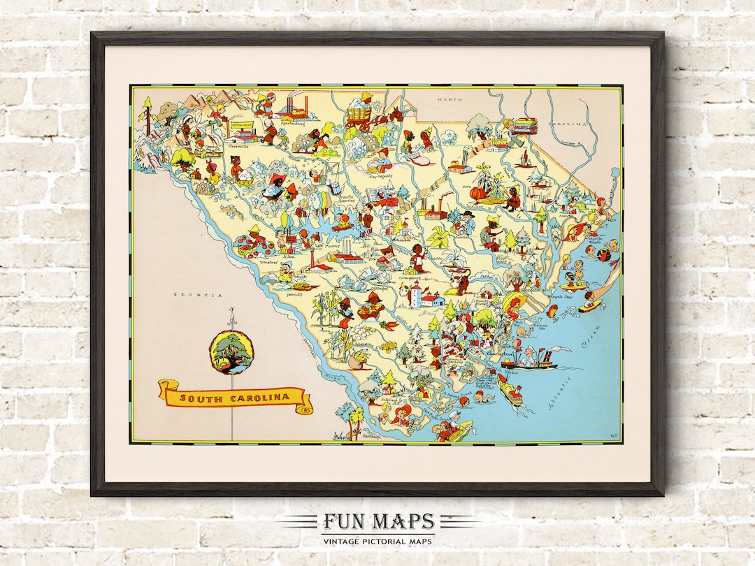 Fun State Map of South Carolina - Vintage Pictorial Whimsical Cartoon ...