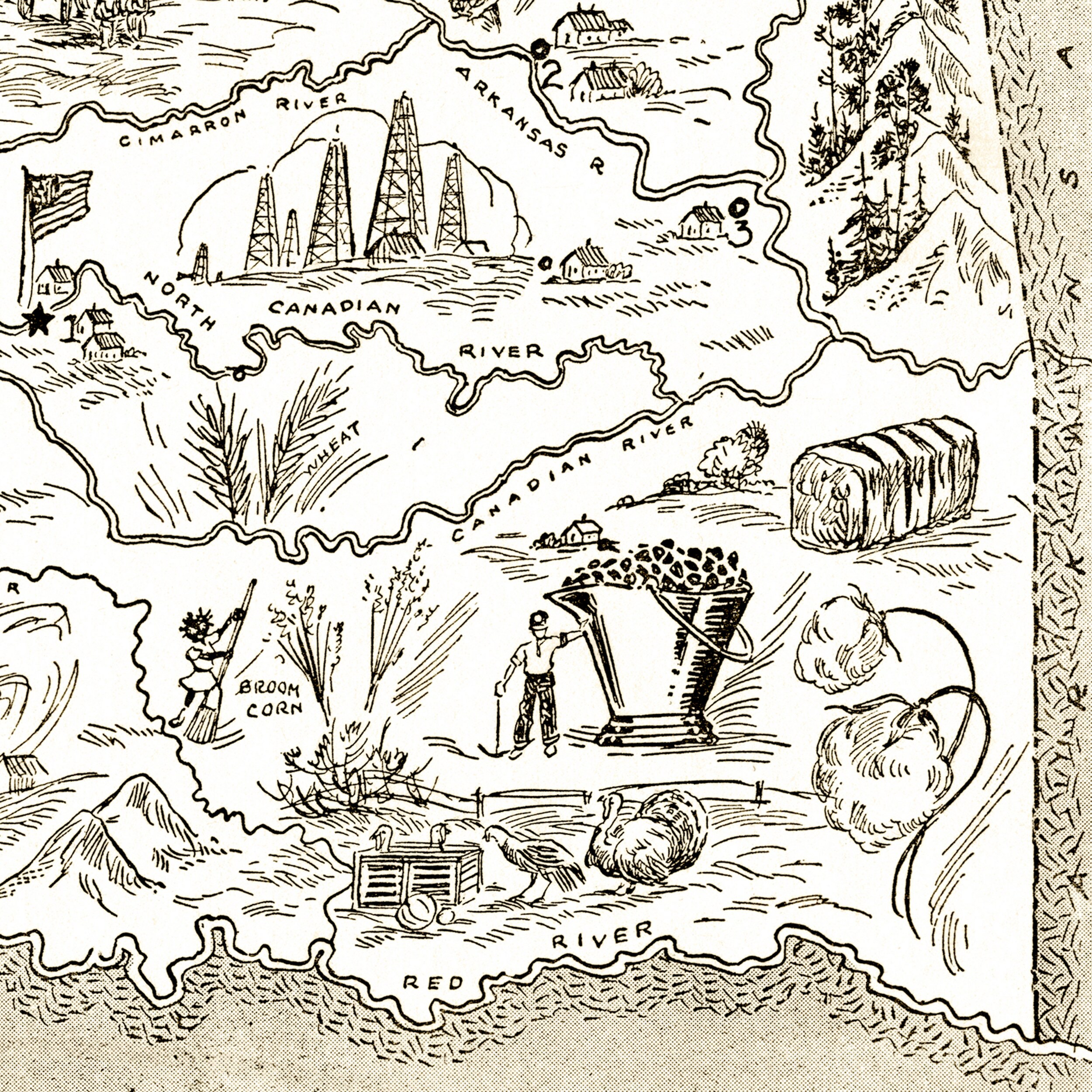 Vintage State Map of Oklahoma Fun Pictorial Whimsical Cartoon Print ...