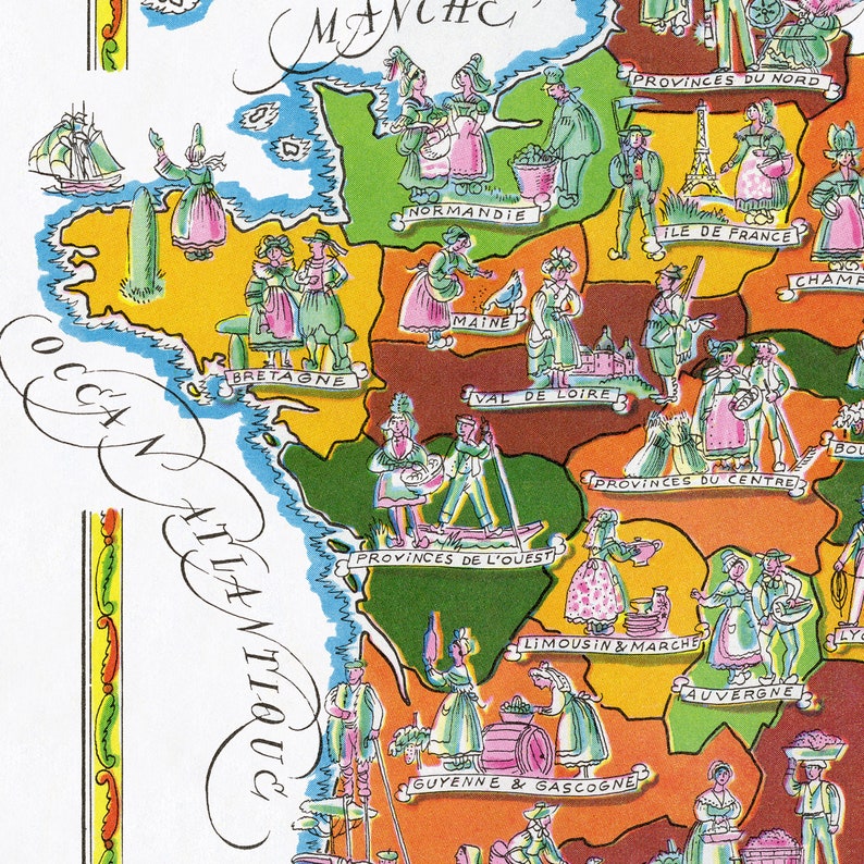 Fun Map of Provinces De France, Provinces in France, FR Vintage ...