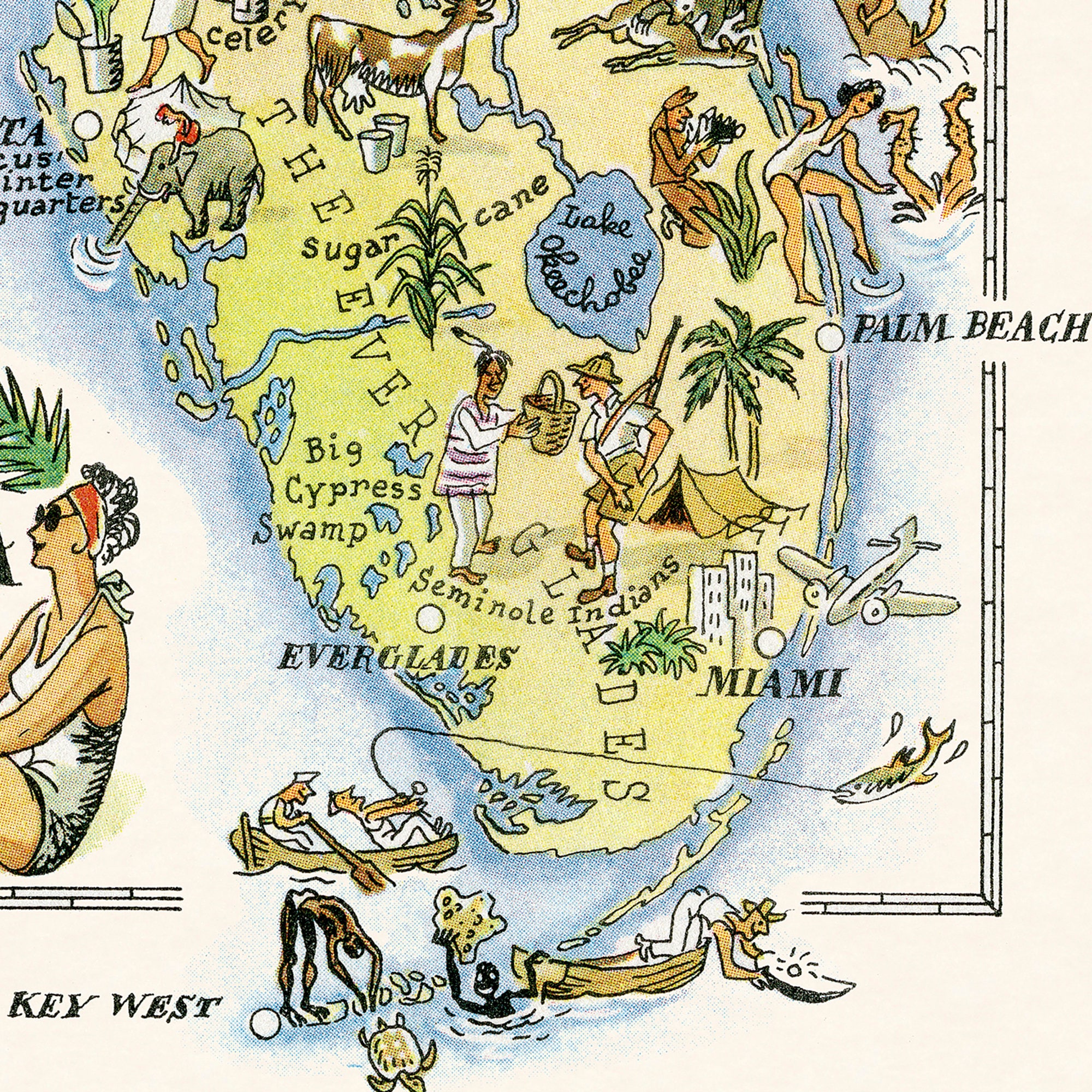 Fun State Map of Florida Vintage Pictorial Whimsical Cartoon Print ...