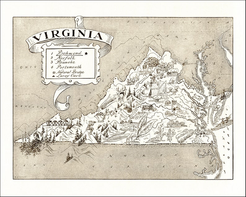 Vintage State Map of Virginia – Fun Pictorial Whimsical Cartoon Print ...