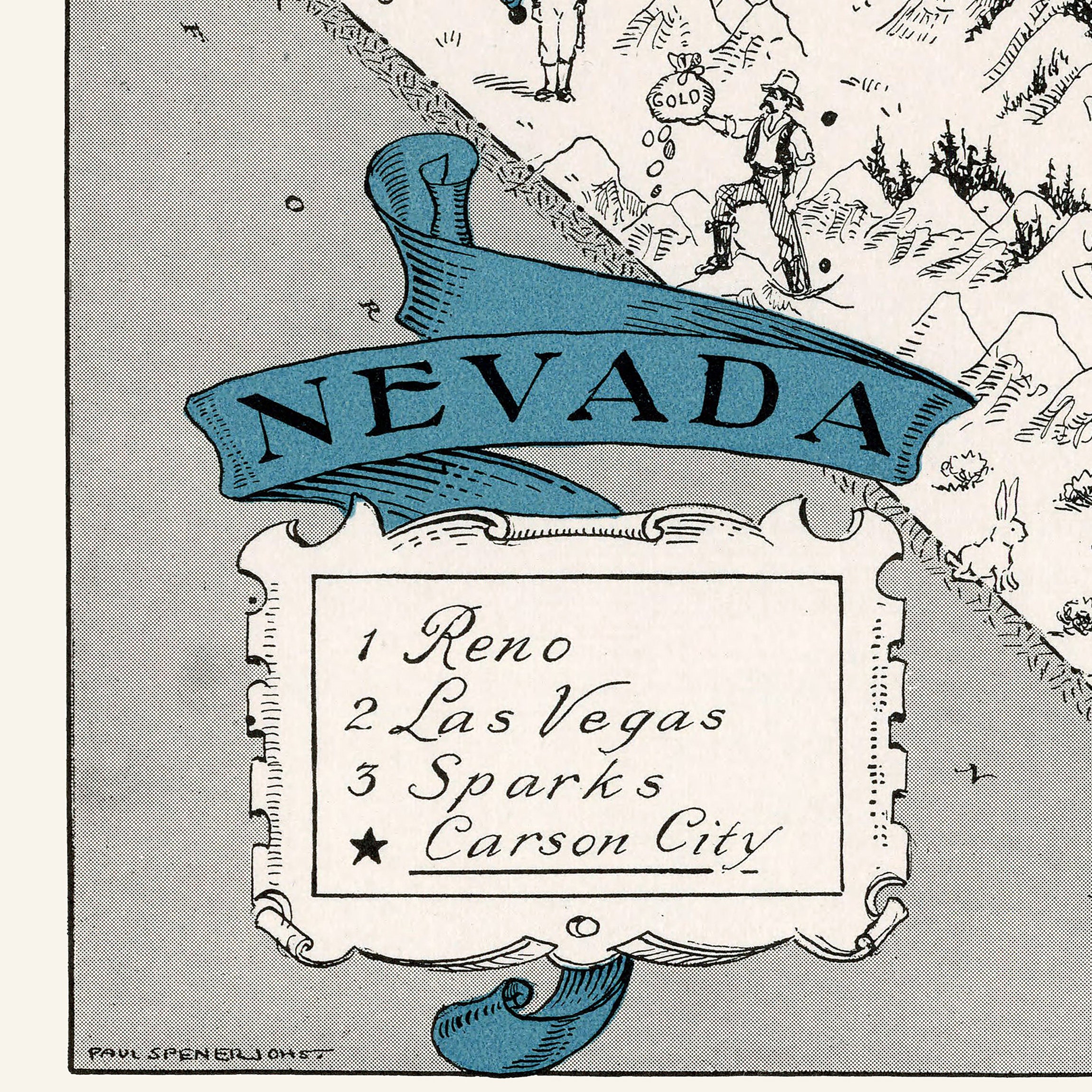 Fun Map of Nevada – Vintage Pictorial Whimsical Cartoon Print ...