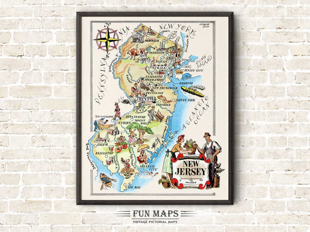 Fun State Map of New Jersey – Vintage Pictorial Whimsical Cartoon Print ...
