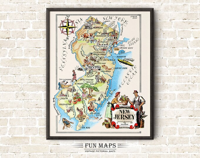 Fun State Map of New Jersey Vintage Pictorial Whimsical Cartoon Print ...