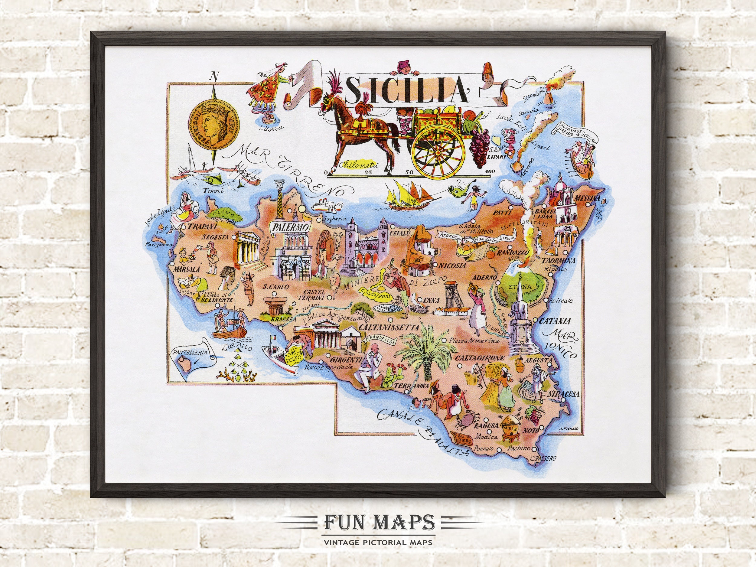 Fun Map of Sicily in Italy Vintage Pictorial Whimsical Cartoon Old ...