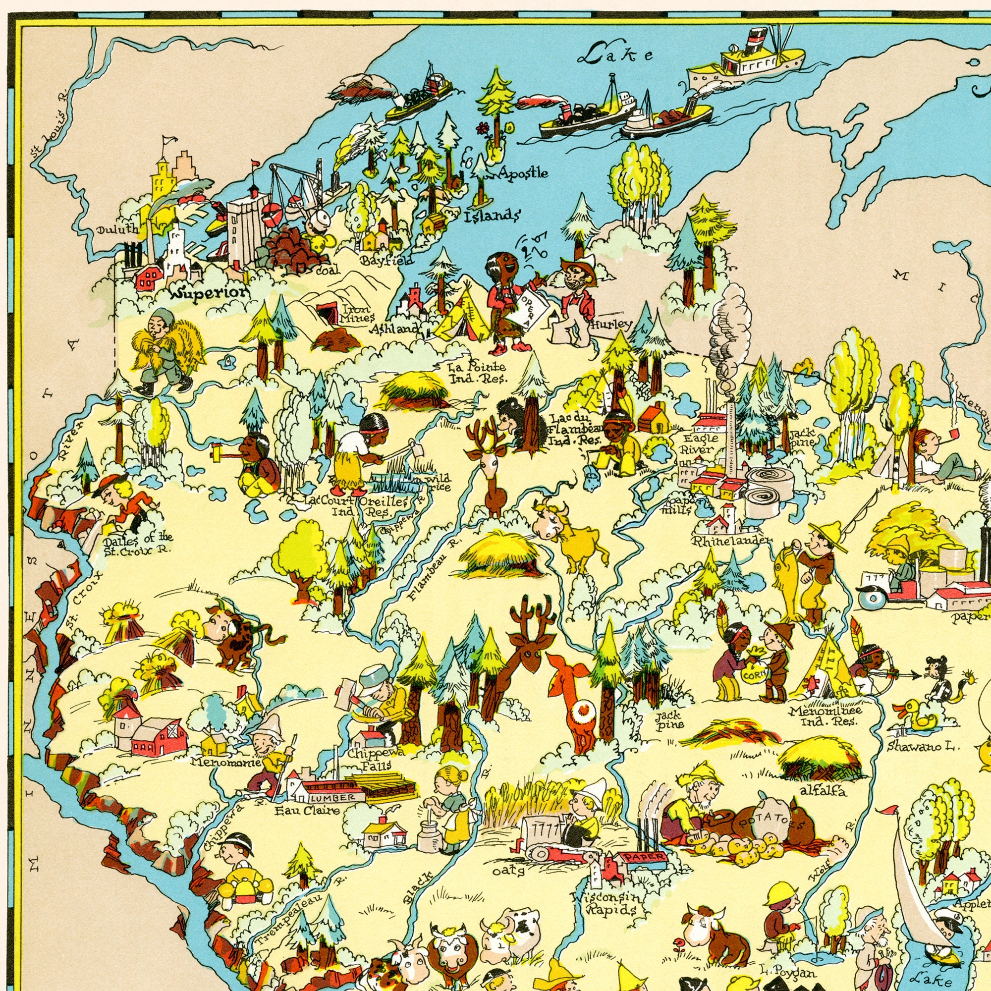 Fun State Map of Wisconsin – Vintage Pictorial Whimsical Cartoon Print ...