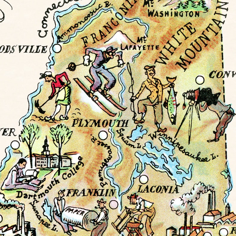 Fun State Map of New Hampshire Vintage Pictorial Whimsical Cartoon ...