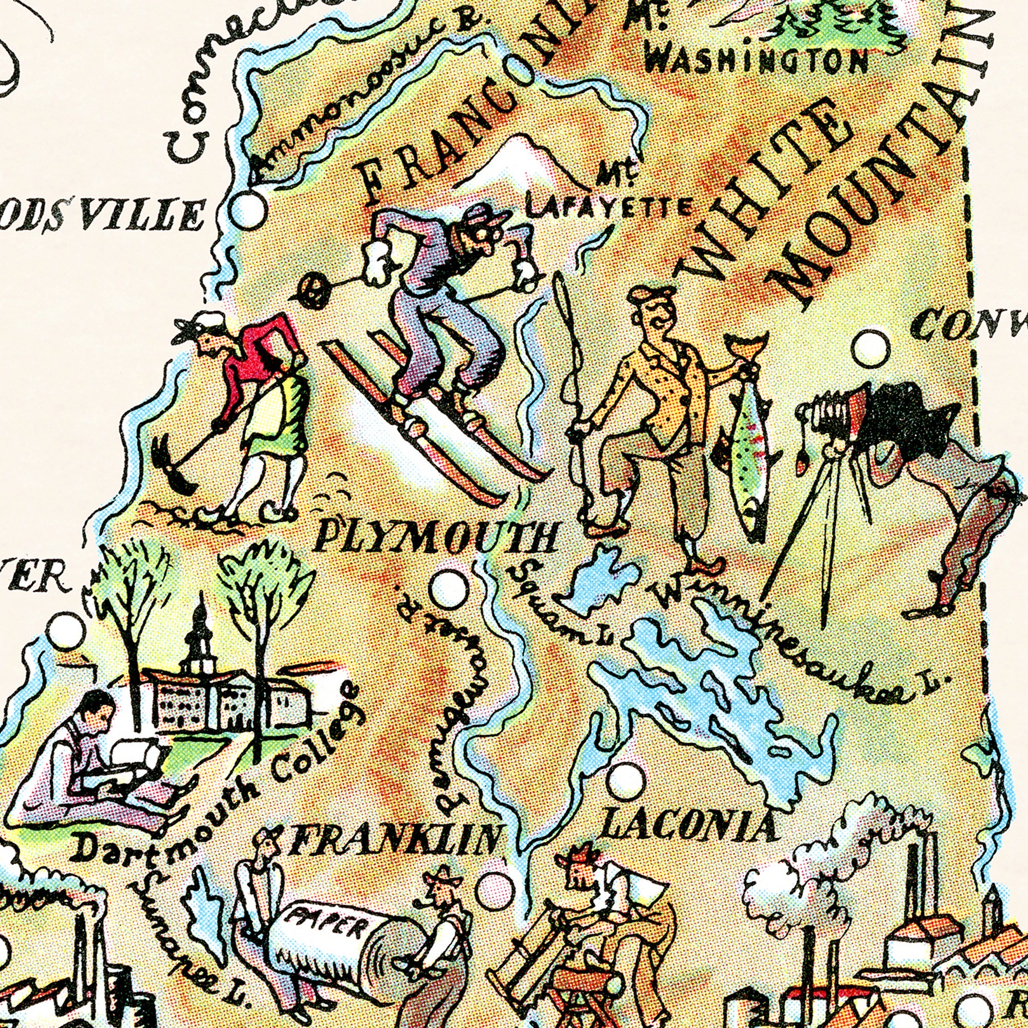 Fun State Map of New Hampshire Vintage Pictorial Whimsical Cartoon ...